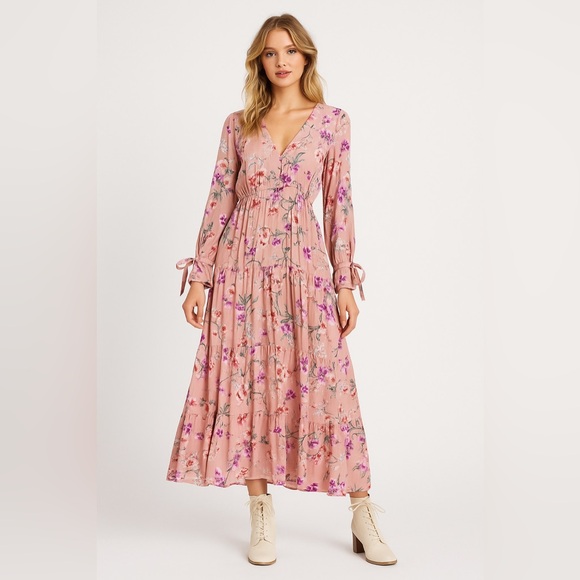 Jaase | Dresses | Jaase Pink Floral Maxi Dress Rayon Long Sleeve Tie ...